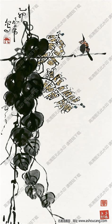 丁衍庸国画 豆荚小鸟 高清大图下载 名画油画网
