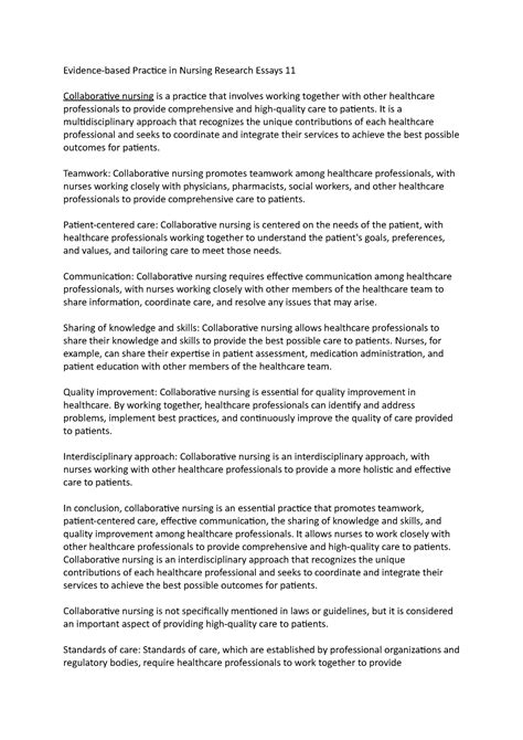 Evidence-based Practice in Nursing Research Essays 11 Collaborative ...