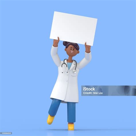 하얀 빈 판자를 들고 있는 여성 의사 줄리엣의 3d 그림 만화 캐릭터의 초상화는 양손에 높이 들린 전시 배너와 함께 서 있습니다 의사에 대한 스톡 사진 및 기타 이미지