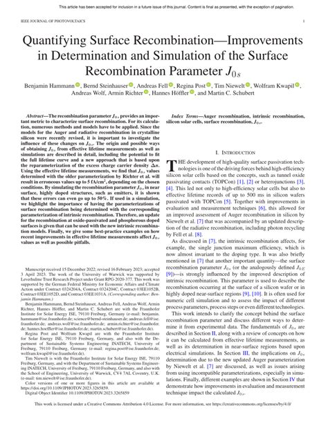 Pdf Quantifying Surface Recombination—improvements In Determination