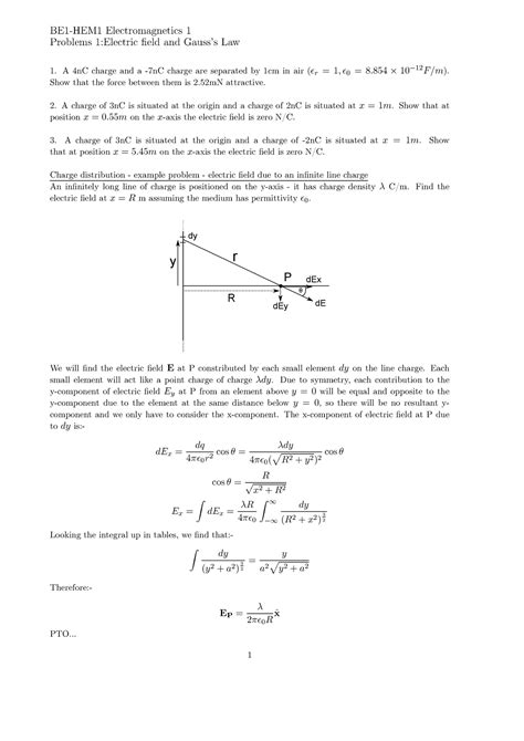 Problem Sheet 1 Be1 Hem1 Electromagnetics 1 Problems 1 Electric Field