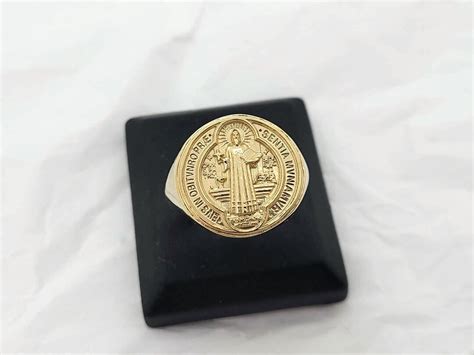 14k 18k Gold St Benedict Medal Ring Mens Ring Gold Catholic Gold Ring