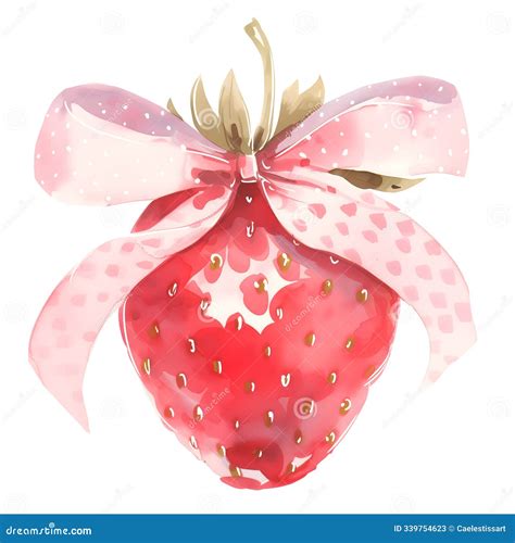Coquette Strawberry With Pink Ribbon Bow Aesthetic Watercolor Hand Drawing Vector Illustration