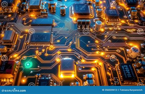 Circuit Board Close Up With Glowing Components Intricate Pathways Microchips And Capacitors