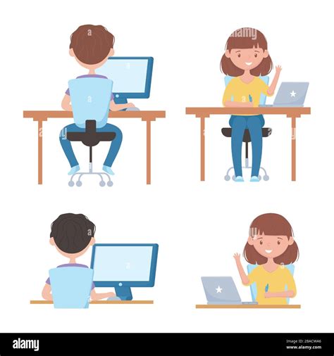 Education Online Babe And Girl Babes With Laptop Computer In Virtual Class Desk Vector