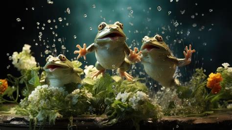 Les Grenouilles Vertes Sautent Vers Létang Photo Premium