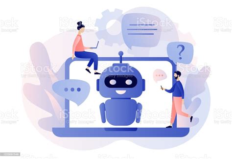 챗봇 개념 Ai 로봇 도우미 온라인 고객 지원 노트북에서 챗봇과 채팅하는 작은 사람들 현대 평면 만화 스타일입니다 흰색 배경의