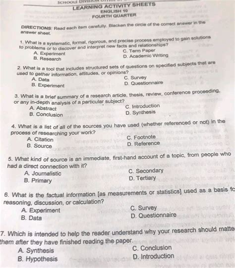 Learning Activity Sheets English Fourth Studyx