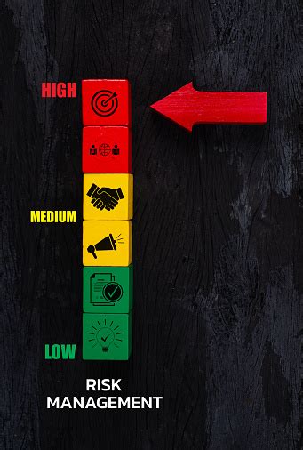 위험 관리 개념 위험 평가 수준 표시기 등급 나무 블록 검은색 배경에 낮음에서 높음 비즈니스 평가 측정 화살표 포인트 투자 아이콘 녹색 노란색 및 빨간색 상의 View 위험