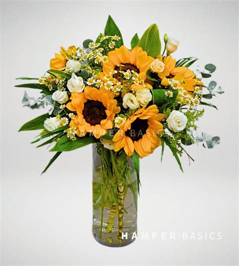Cheery Sunflower Flower Vase Arrangement Hamper Basics
