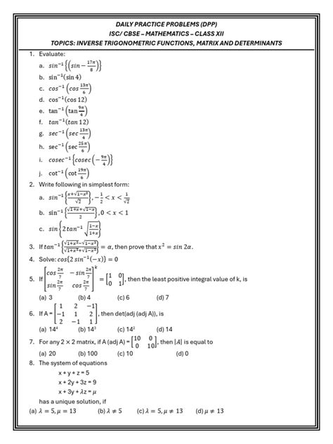 4 Inverse Trigonometric Functions Matrix And Determinants Pdf