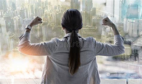 Power Overlay And Business Woman In A City Office Flexing For