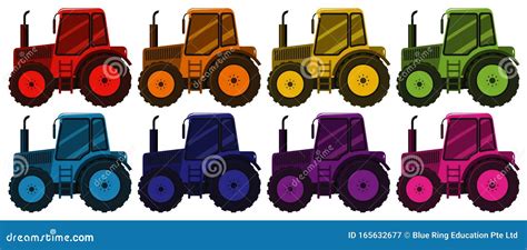 Set Of Tractors In Eight Different Colors Stock Illustration