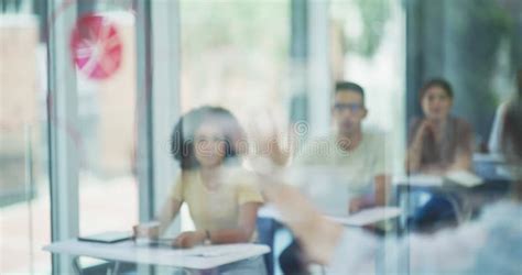 Students Discussion And Lecturer By Glass Board In Classroom Biology