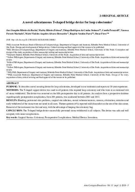 Pdf A Novel Subcutaneous T Shaped Bridge Device For Loop Colostomies