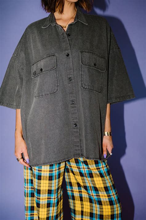 Lala Original Let Them Talk Oversized Denim Button Up In Vintage Blac