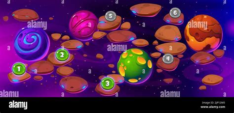 Space Game Background Cartoon Ui Design Vector Illustration Of Colorful Alien Planets Stone