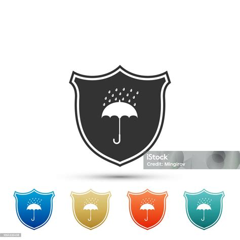 在白色背景隔絕的防水圖示盾牌和雨傘水保護標誌防水標誌在彩色圖示中設置元素平面設計向量例證向量圖形及更多一個物體圖片 一個物體 不透水