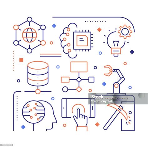 기계 학습 관련 현대 선형 디자인 벡터 일러스트 웹 배너 웹 사이트 헤더 브로셔 연례 보고서 등 데이터에 대한 스톡 벡터 아트 및 기타 이미지 Istock