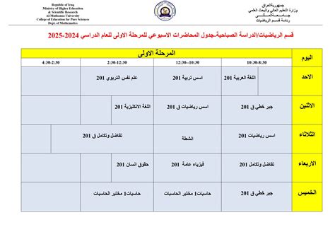 جداول المحاضرات الأسبوعية لطلبة الدراسات الاولية قسم الرياضيات