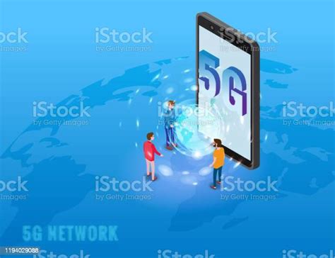 5g 인터넷 새로운 모바일 무선 기술 와이파이 연결 지구 행성 문자 5g과 작은 사람들과 아이소 메트릭 스마트 폰 글로벌 고속