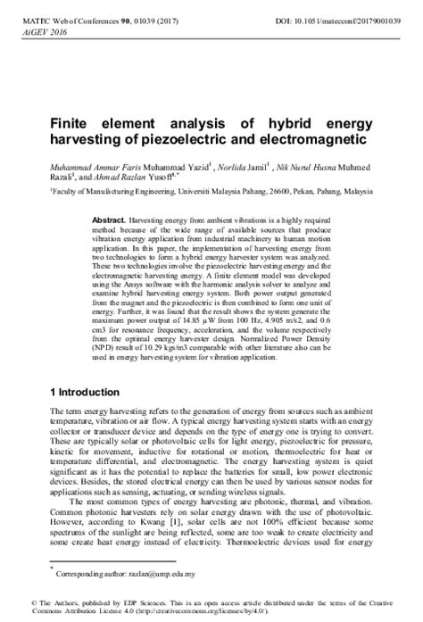 Pdf Finite Element Analysis Of Hybrid Energy Harvesting Of Piezoelectric And Electromagnetic