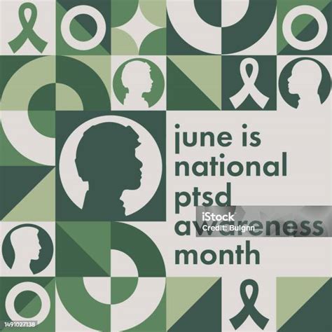 유월은 전국 Ptsd 인식의 달입니다 휴일 개념 배경 배너 카드 텍스트 비문이있는 포스터를위한 템플릿 벡터 Eps10