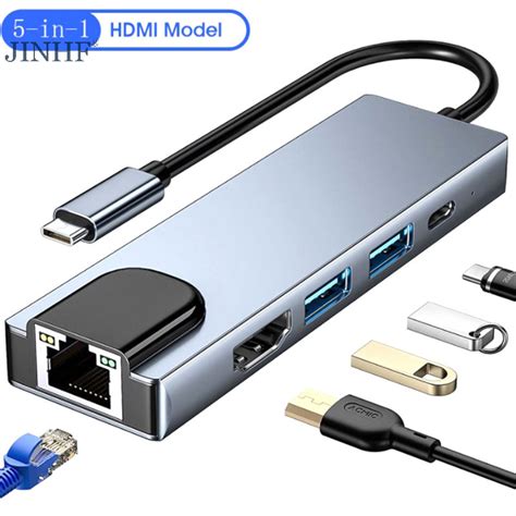 Jinhf 5 Trong 1 USB C Hub Loại C Sang 4K Bộ Chuyển Đổi Tương Thích HDMI RJ45 Mạng 100M Ethernet