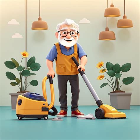 Cute Grandfather Cleaning With Vacuum Cleaner Cartoon Vector Icon