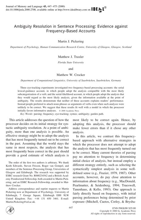 Pdf Ambiguity Resolution In Sentence Processing Evidence Against