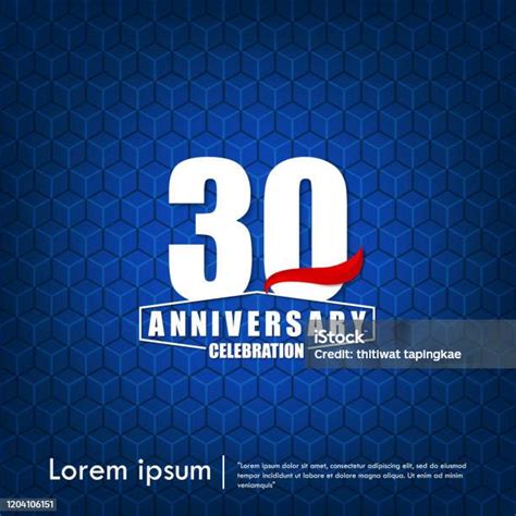 30 주년 기념 헝겊 파란색 배경에 빨간색 리본으로 격리 된 흰색 기념일 로고입니다 웹 전단지 포스터 인사말 및 초대 카드를위한
