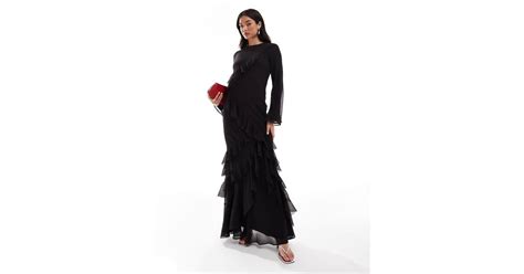 Asos Fluted Long Sleeve Extreme Ruffle Maxi Dress In Black Lyst
