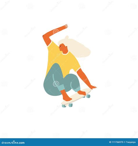 Girl Skateboarder Glides At Sunset City Skyline In The Backdrop