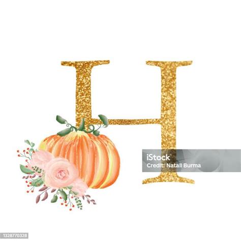 꽃과 호박의 꽃다발의 구성황금 문자 H 웨딩 초대장 및 기타 많은 디자인 아이디어의 디자인을위한 컬렉션 알파벳 0명에 대한 스톡 벡터 아트 및 기타 이미지 Istock
