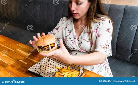 Woman Burger Eating Hungry Girl Biting Hamburger Fast Food People