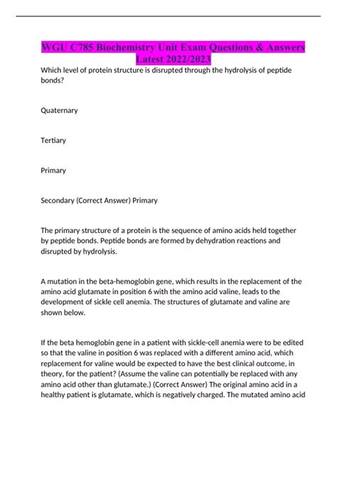Wgu C785 Biochemistry Unit Exam Questions And Answers Latest 20222023