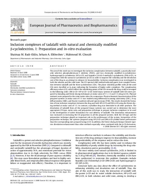 Pdf Inclusion Complexes Of Tadalafil With Natural And Chemically Modified β Cyclodextrins I