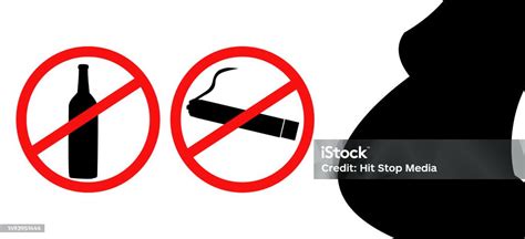임신 중에는 담배를 피우거나 술을 마시지 마십시오 하얀 바탕에 임신한 소녀의 실루엣 정지 신호 흡연 금지에 대한 스톡 벡터 아트 및 기타 이미지 Istock