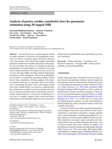 Pdf Analysis Of Passive Cardiac Constitutive Laws For Parameter Estimation Using 3d Tagged Mri