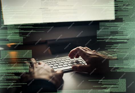 Premium Photo Hacker System And Hands In Night With Keyboard Hologram