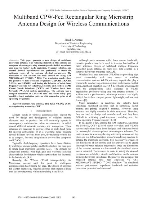 PDF Multiband CPW Fed Rectangular Ring Microstrip Antenna Design For Wireless Communications