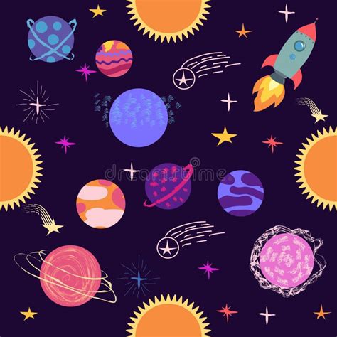 Seamless Space Pattern Planets Rockets And Stars Stock Illustration