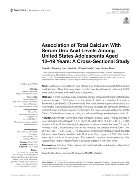 Pdf Association Of Total Calcium With Serum Uric Acid Levels Among