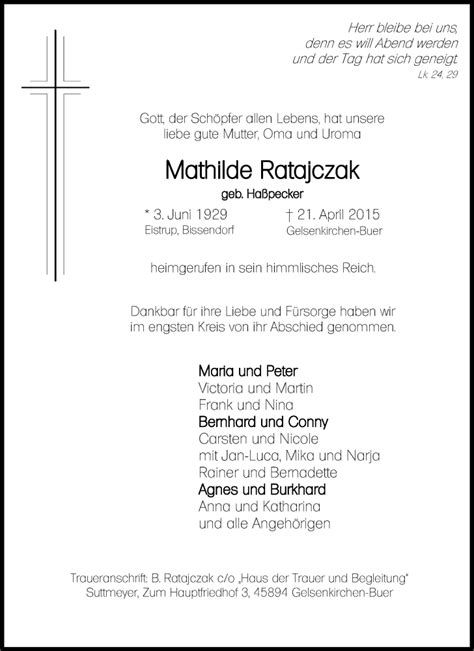 Traueranzeigen Von Mathilde Ratajczak Trauer In NRW De