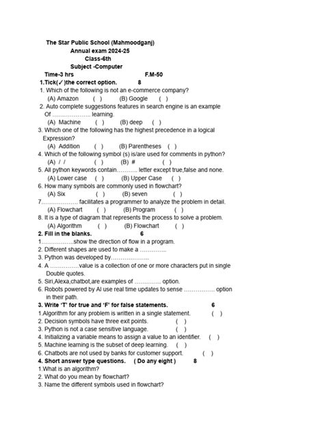 Class 6 Computer Annual Exam Pdf Artificial Intelligence Intelligence Ai And Semantics