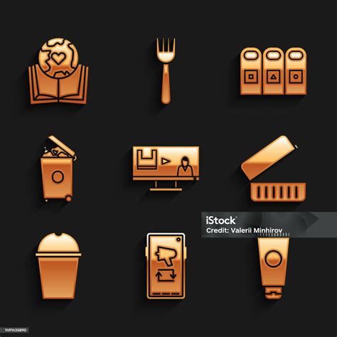 플라스틱 오염 방지 확성기 모바일 크림 화장품 튜브 도시락 종이 유리 물 쓰레기통 쓰레기통 및 지구 지구본 및 책 아이콘을 설정합니다 벡터 검은색에 대한 스톡 벡터 아트 및