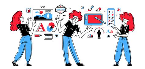 그래픽 디자이너 팀은 컴퓨터 소프트웨어를 사용하여 창의적인 작업을 하고 디지털 비주얼 아티스트는 프로젝트 벡터 개요