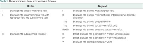 Table 1 From Pathophysiology And Classification Of Intracranial And Spinal Dural Avf Semantic