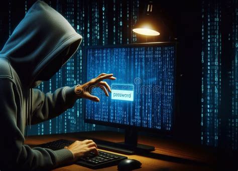 A Hacker In A Hooded Sweatshirt Grabs The Word Password On A Computer