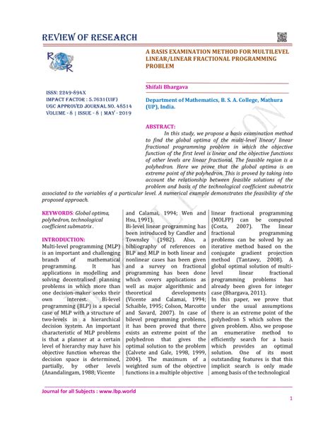 PDF Review Of ReseaRch A BASIS EXAMINATION METHOD FOR MULTILEVEL